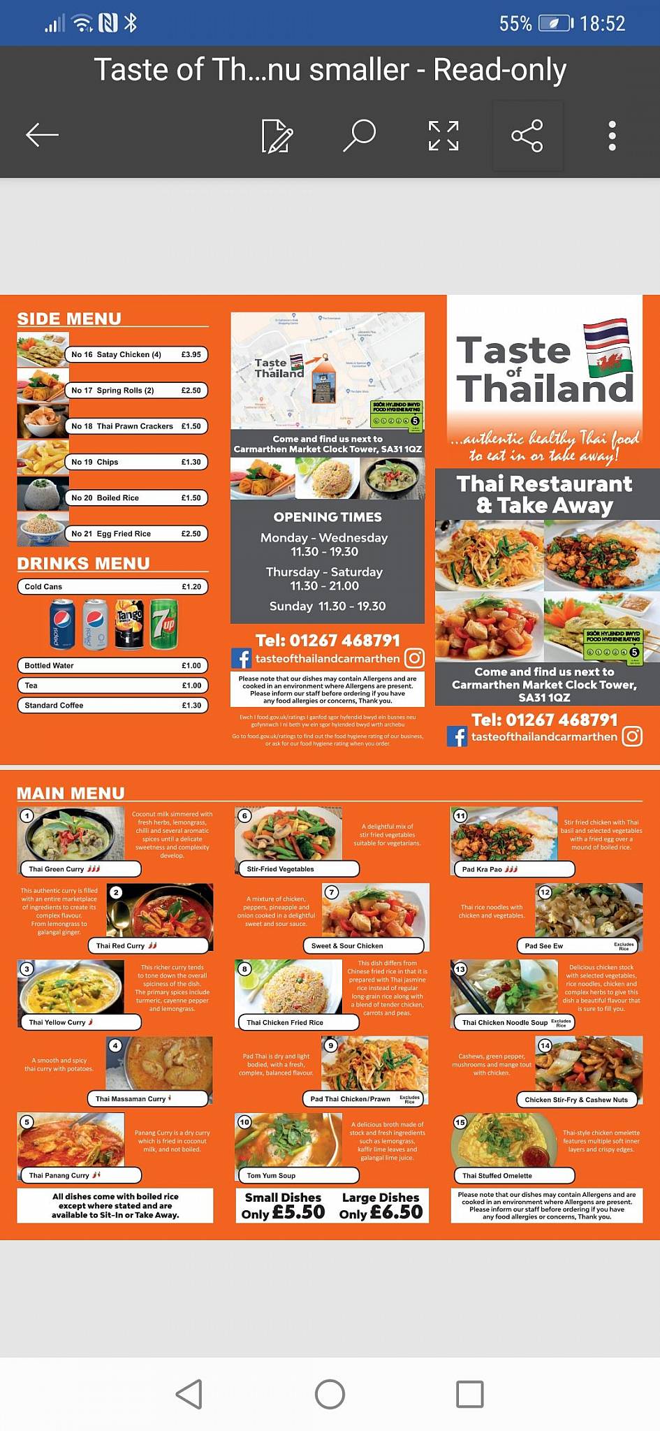 Menu at Taste Of Thailand restaurant, Carmarthen
