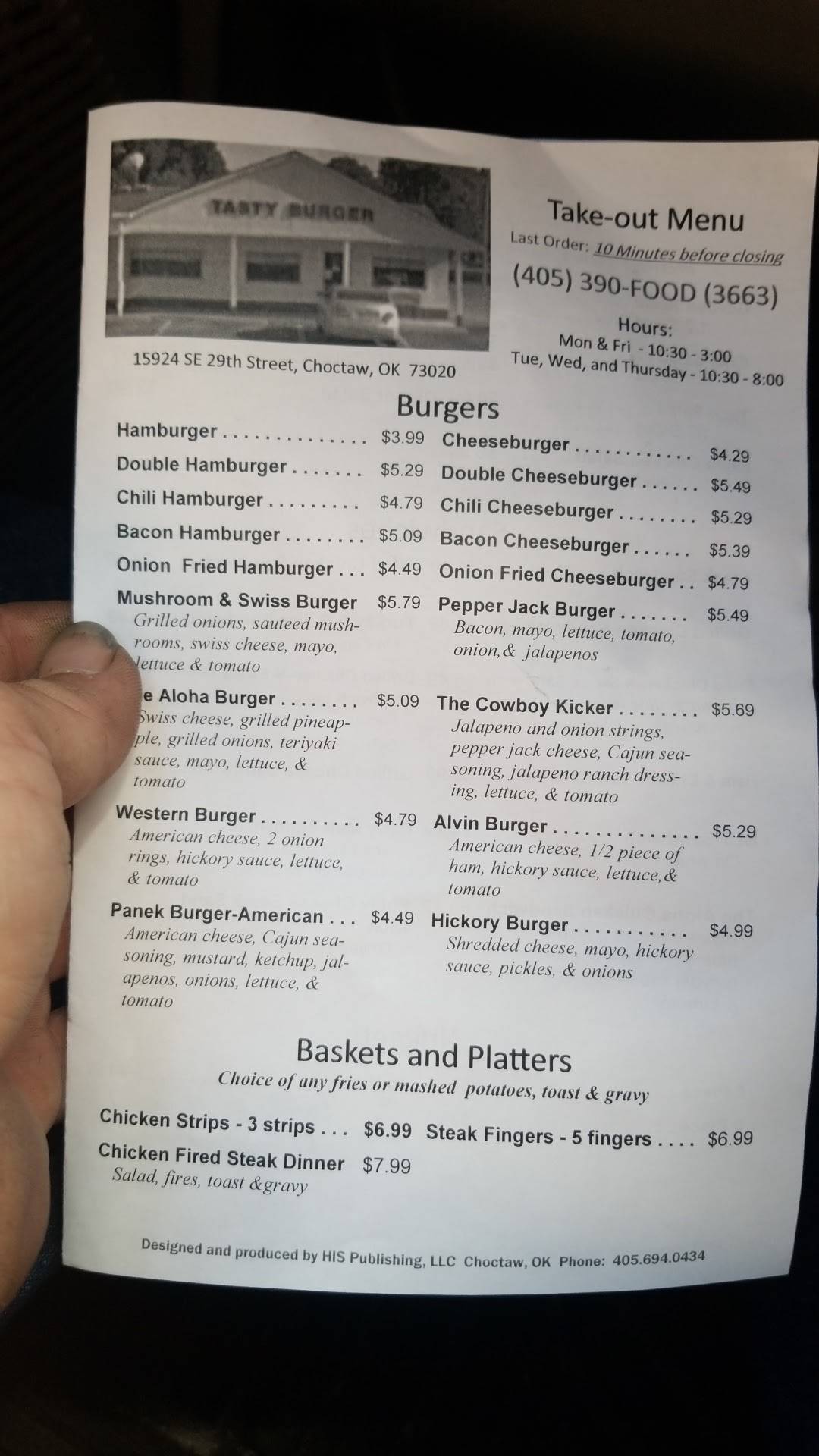 Menu at Tasty Burger restaurant, Choctaw, SE 29th St #6549