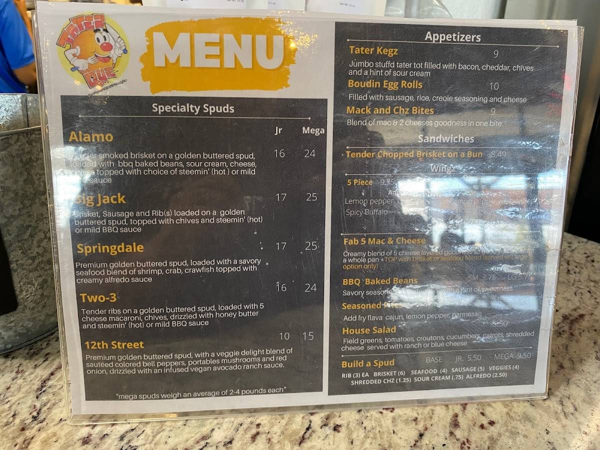 Menu at TaterQue restaurant, Pflugerville