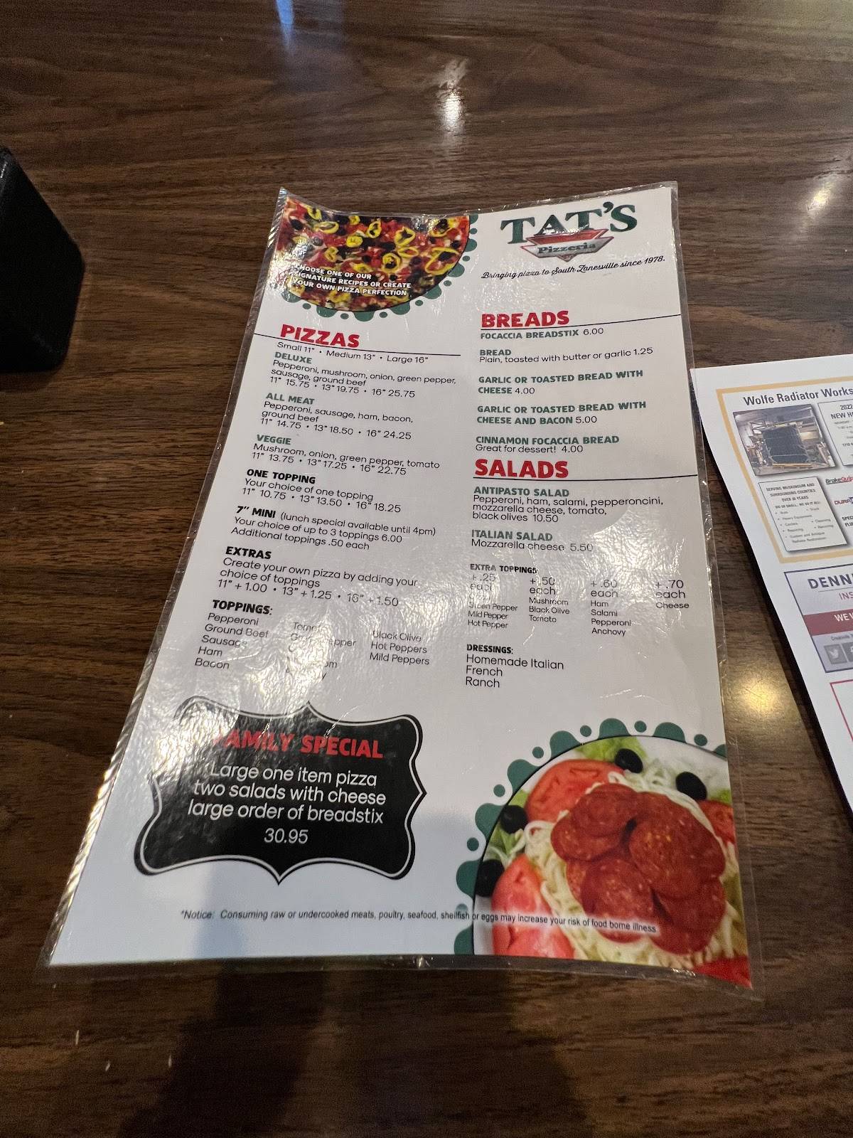 Menu at Tat's Pizzeria, Zanesville