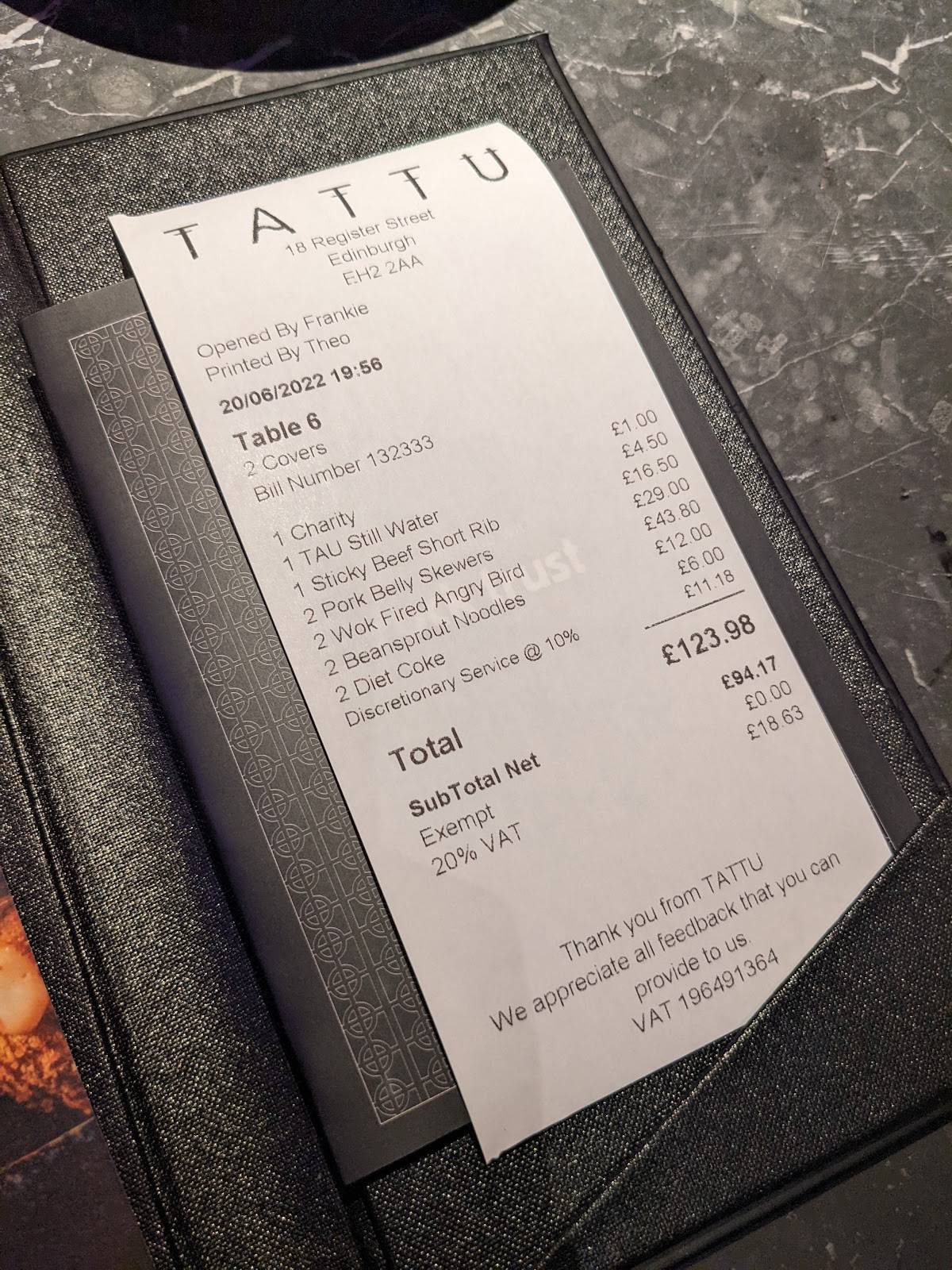Menu at Tattu Edinburgh pub & bar, Edinburgh