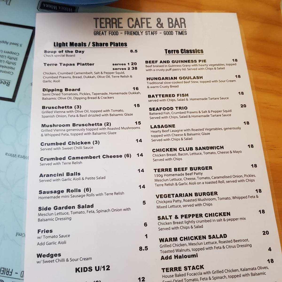 Menu at Terre Cafe, Willunga