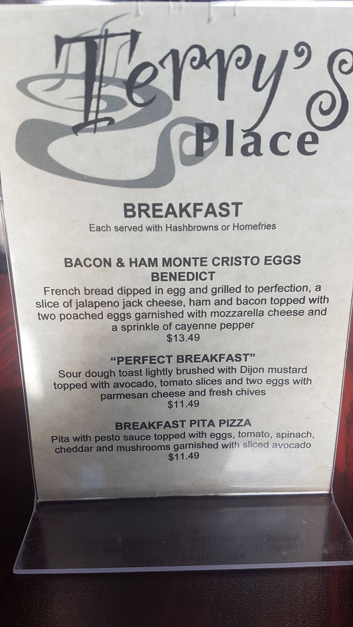 Menu at Terry's Place restaurant, North Bay