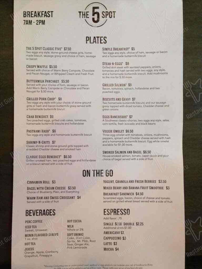 Menu at The 5 Spot Midtown - Neighborhood Kitchen and Bar, Savannah