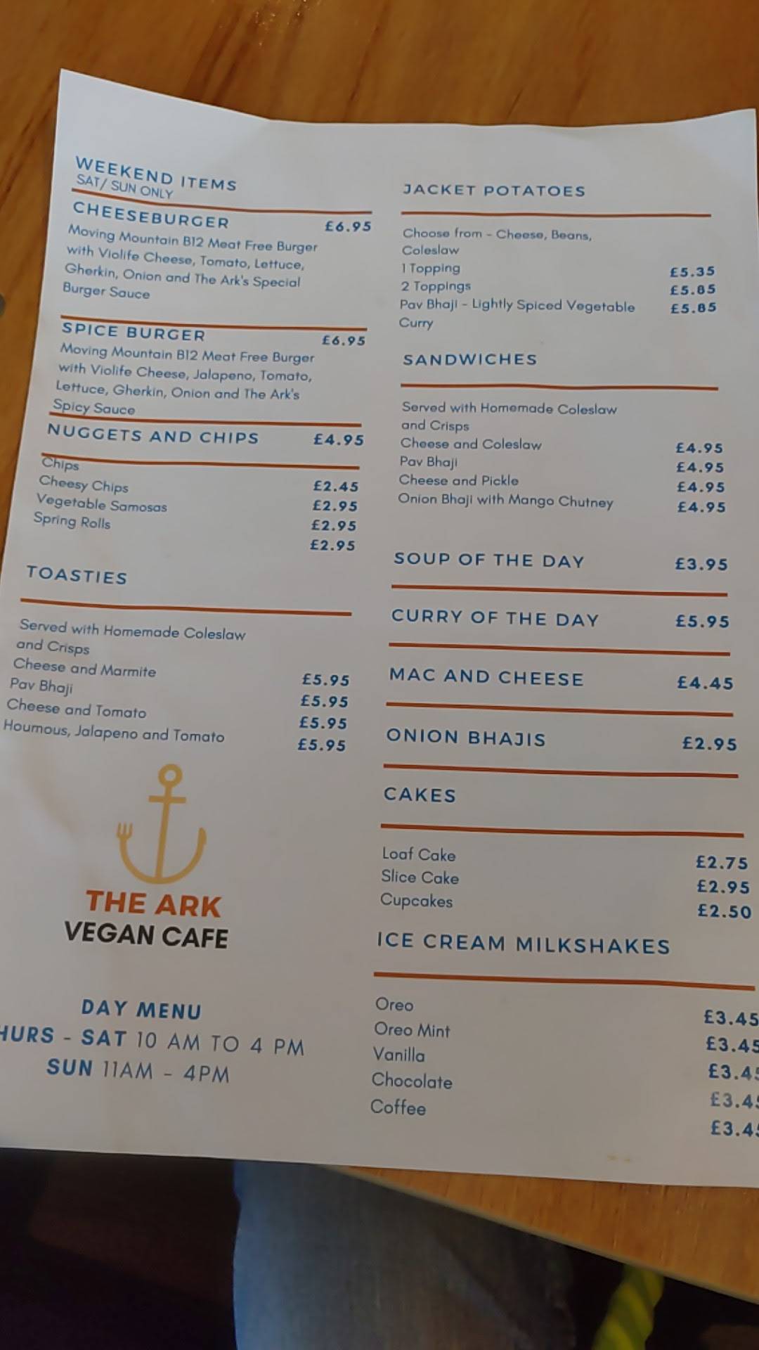 Menu at The Ark cafe, Northampton
