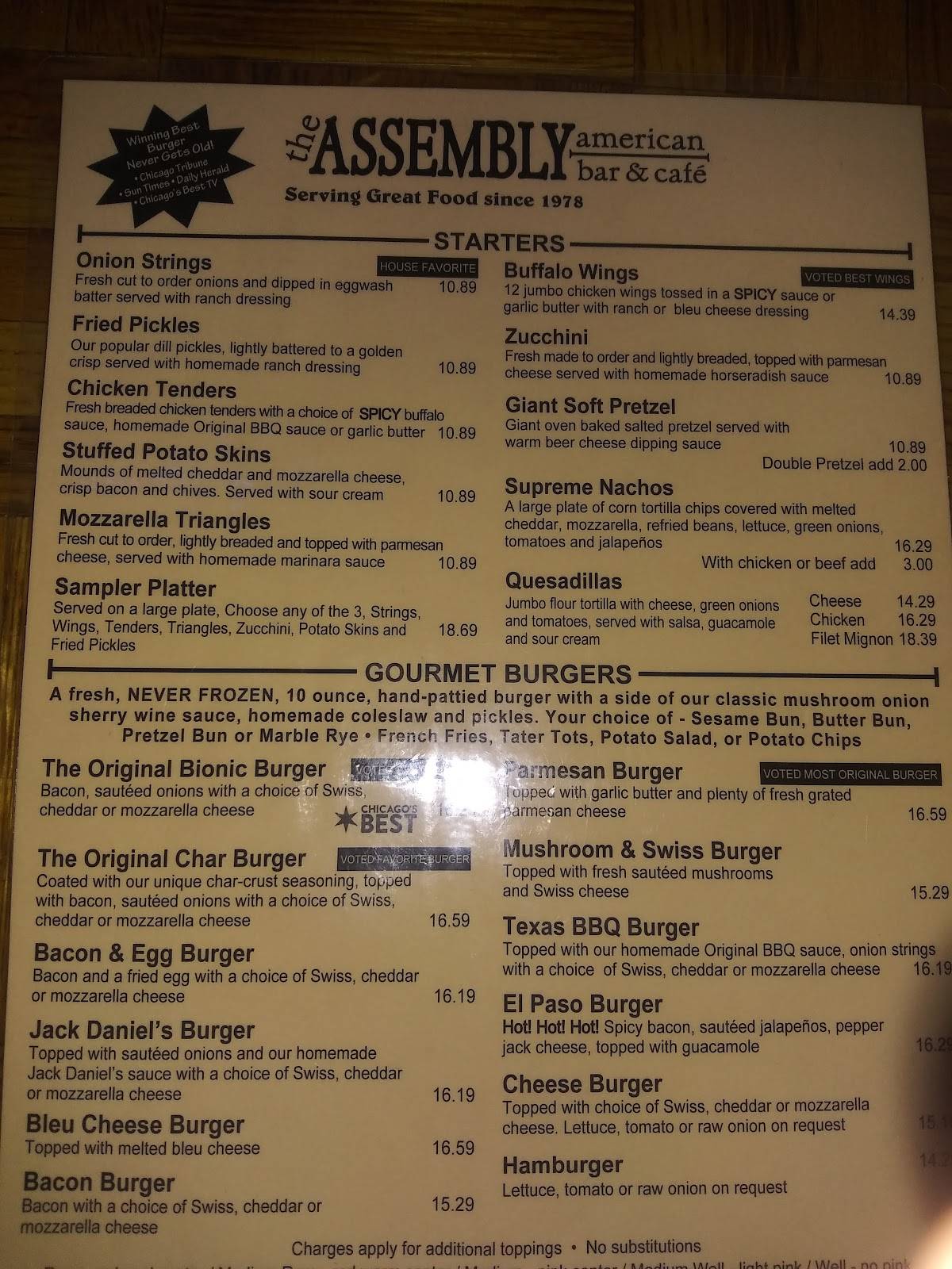 Menu at The Assembly American Bar & Cafe, Hoffman Estates