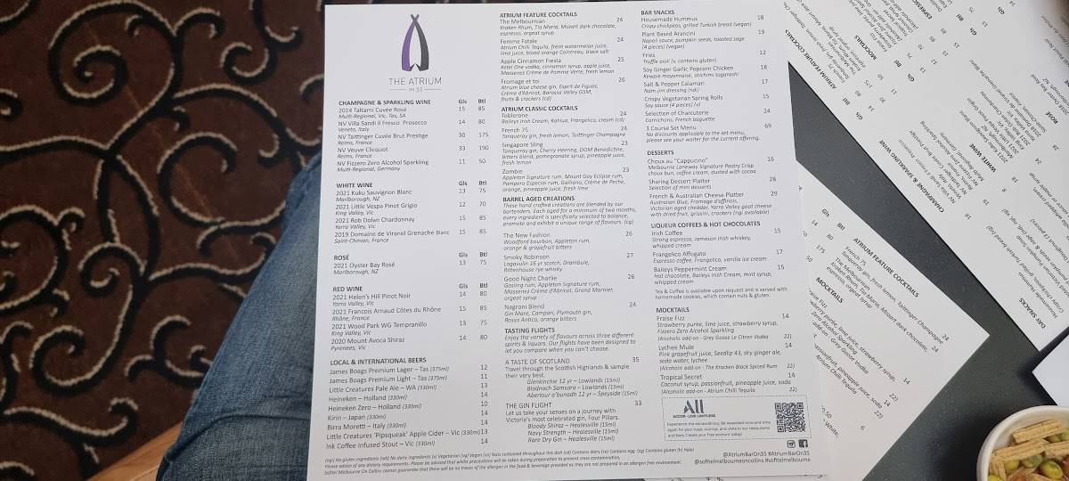 Menu at The Atrium on 35 restaurant, Melbourne, 25 Collins St