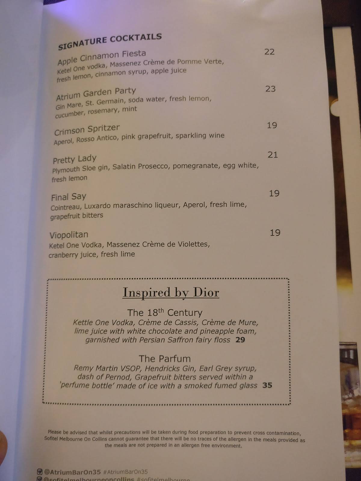 Menu at The Atrium on 35 restaurant, Melbourne, 25 Collins St