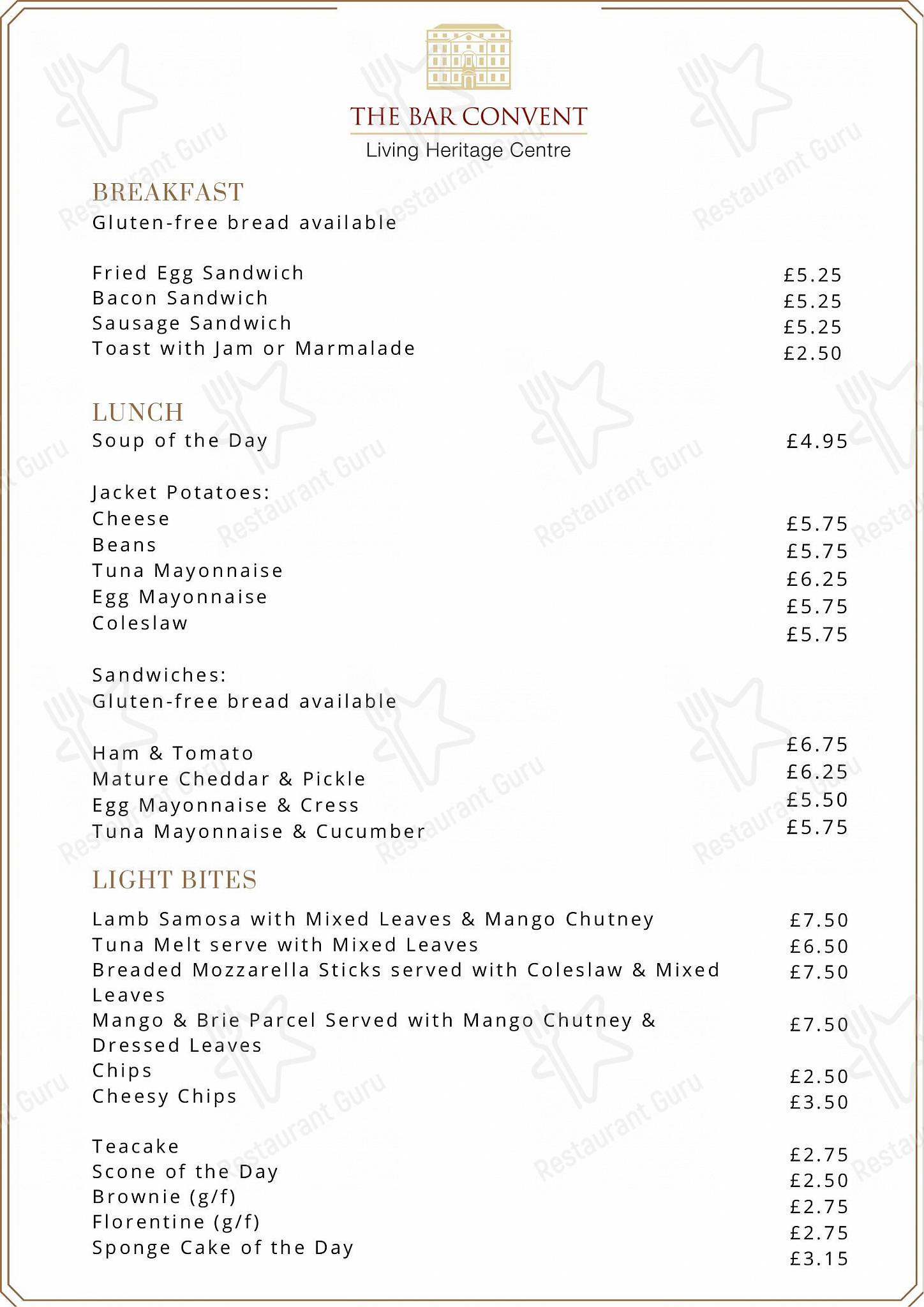 Menu at The Bar Convent, York