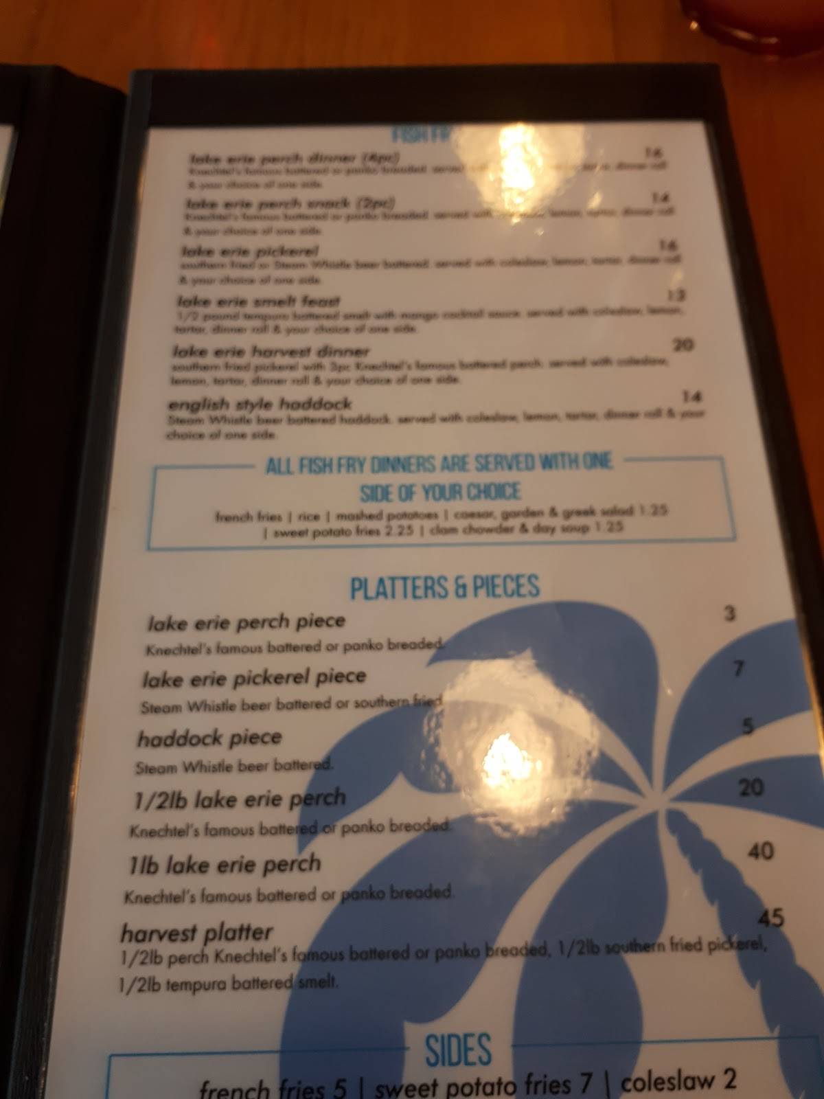 Menu at The Beach House steakhouse, Port Dover