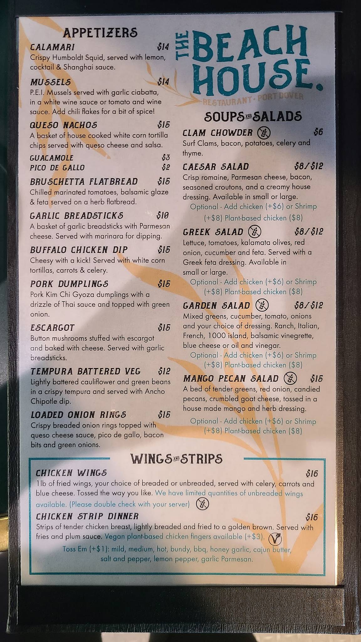 Menu at The Beach House steakhouse, Port Dover