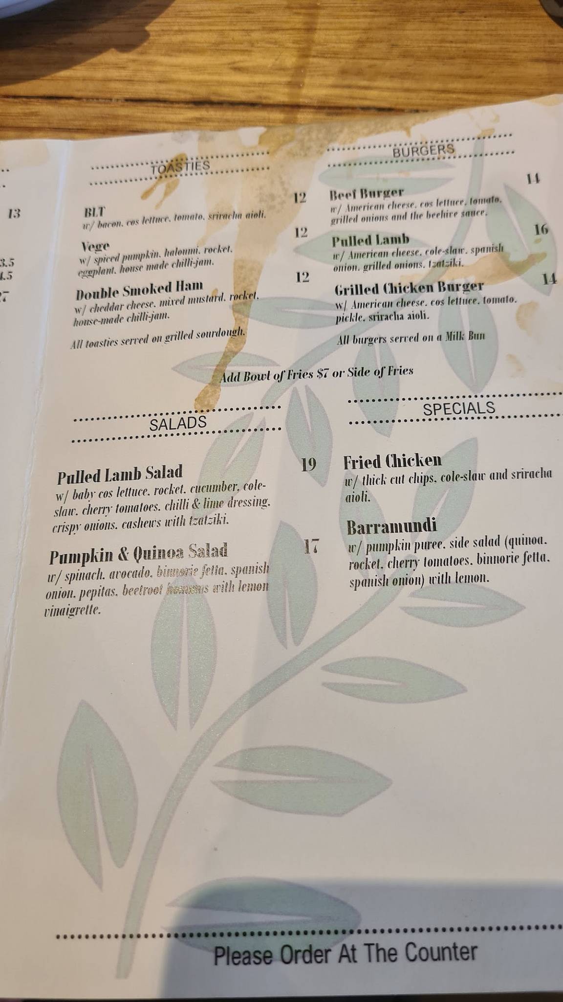 Menu at The Beehive Honeysuckle cafe, Newcastle