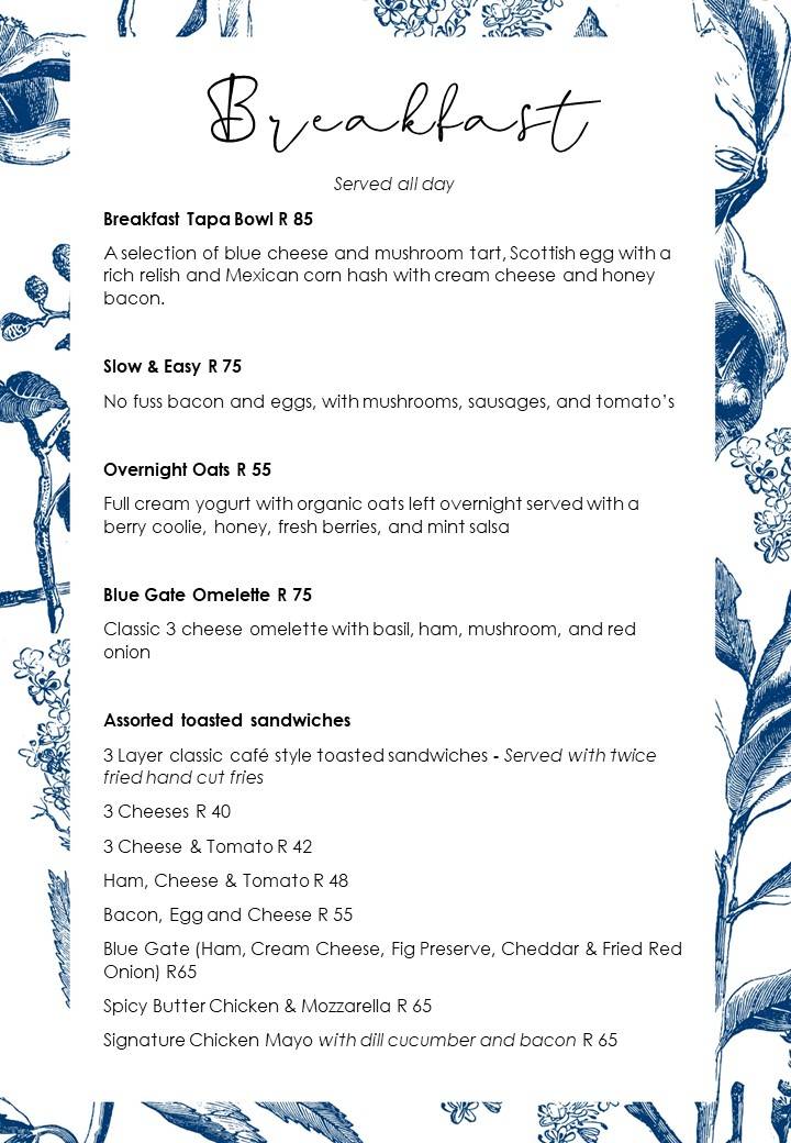Menu at The Blue Gate restaurant, Nelspruit