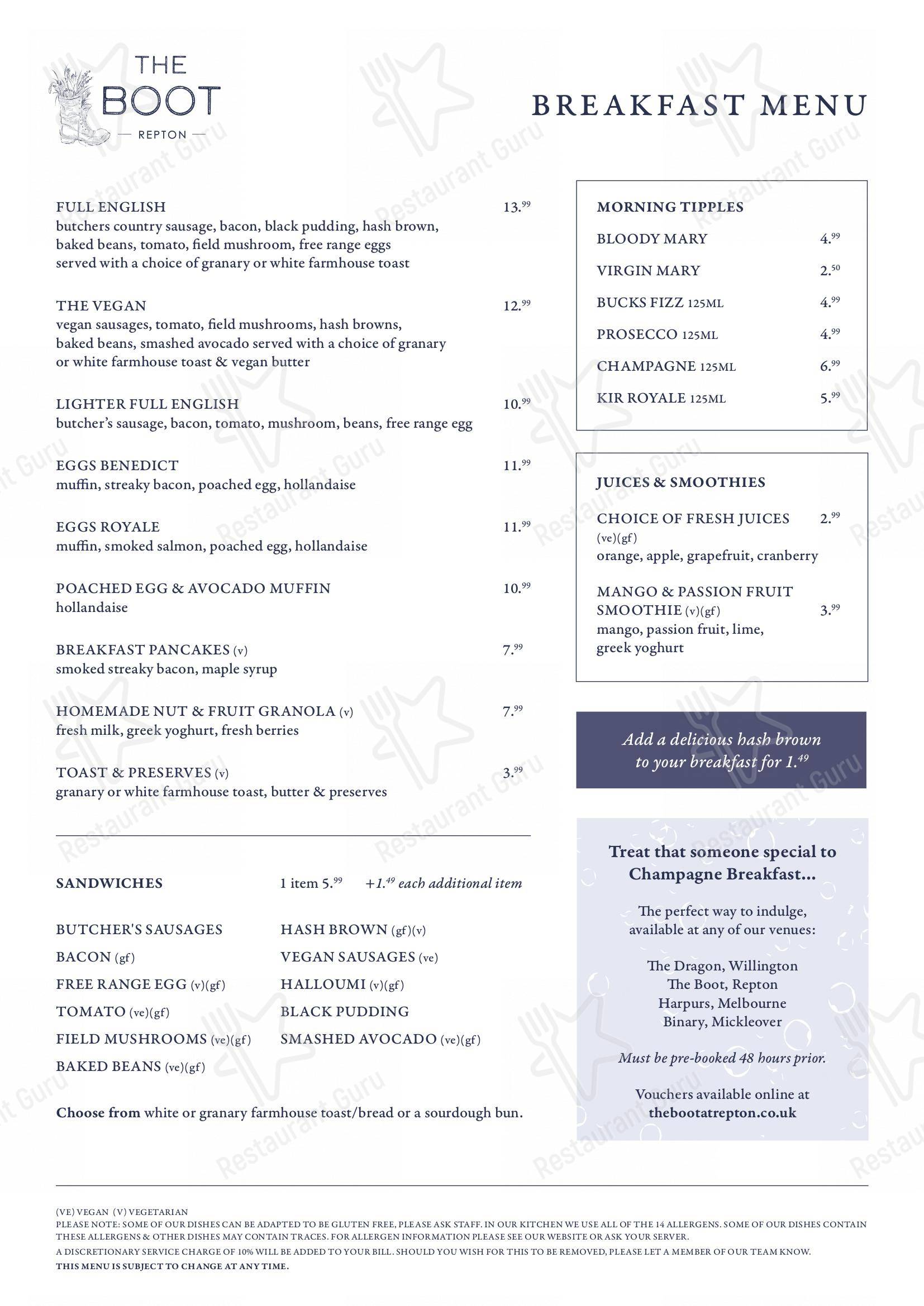 Menu at The Boot Inn pub & bar, Derby