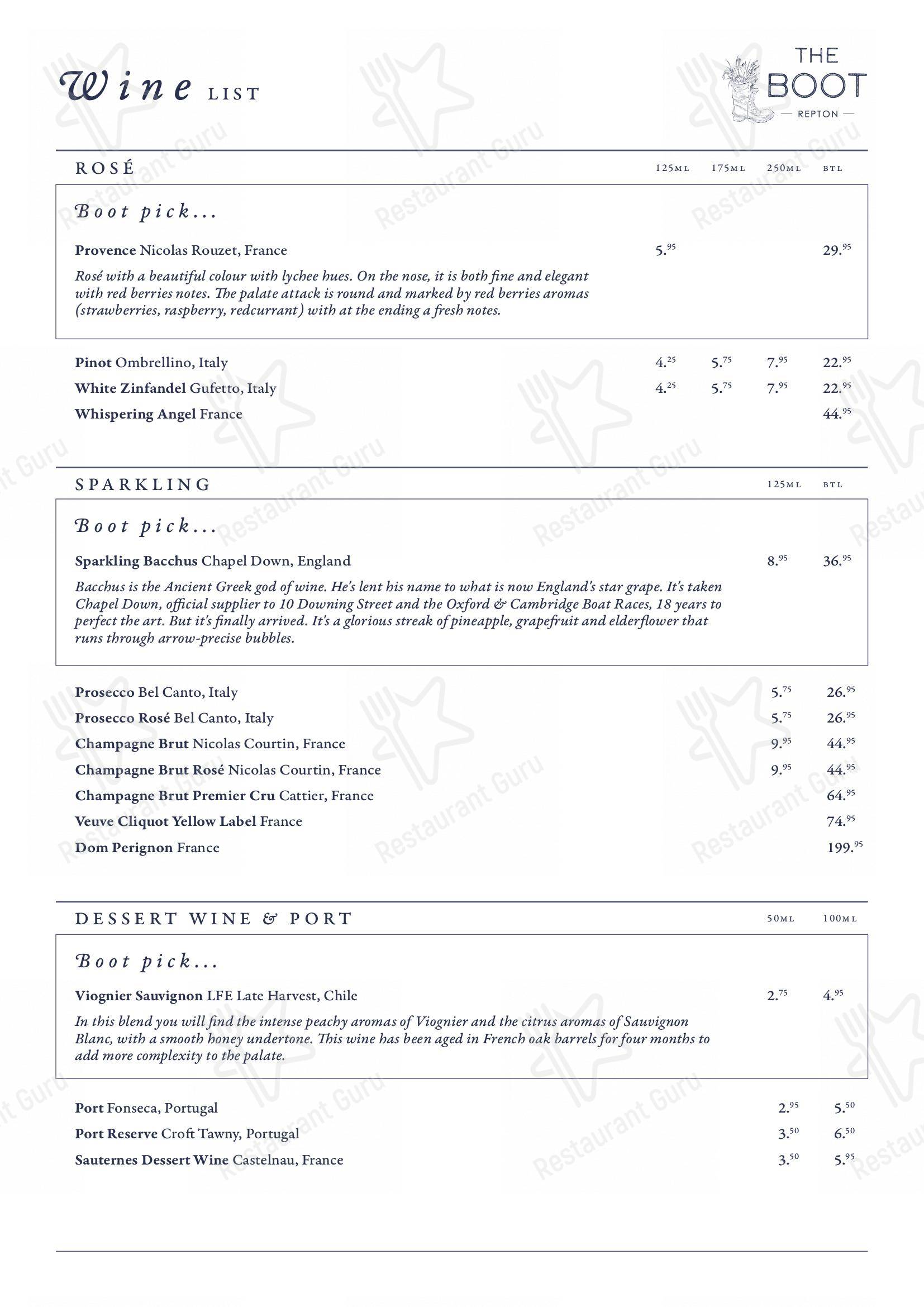 Menu at The Boot Inn pub & bar, Derby