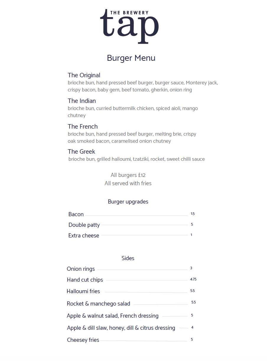 Menu at The Brewery Tap pub & bar, Furneux Pelham