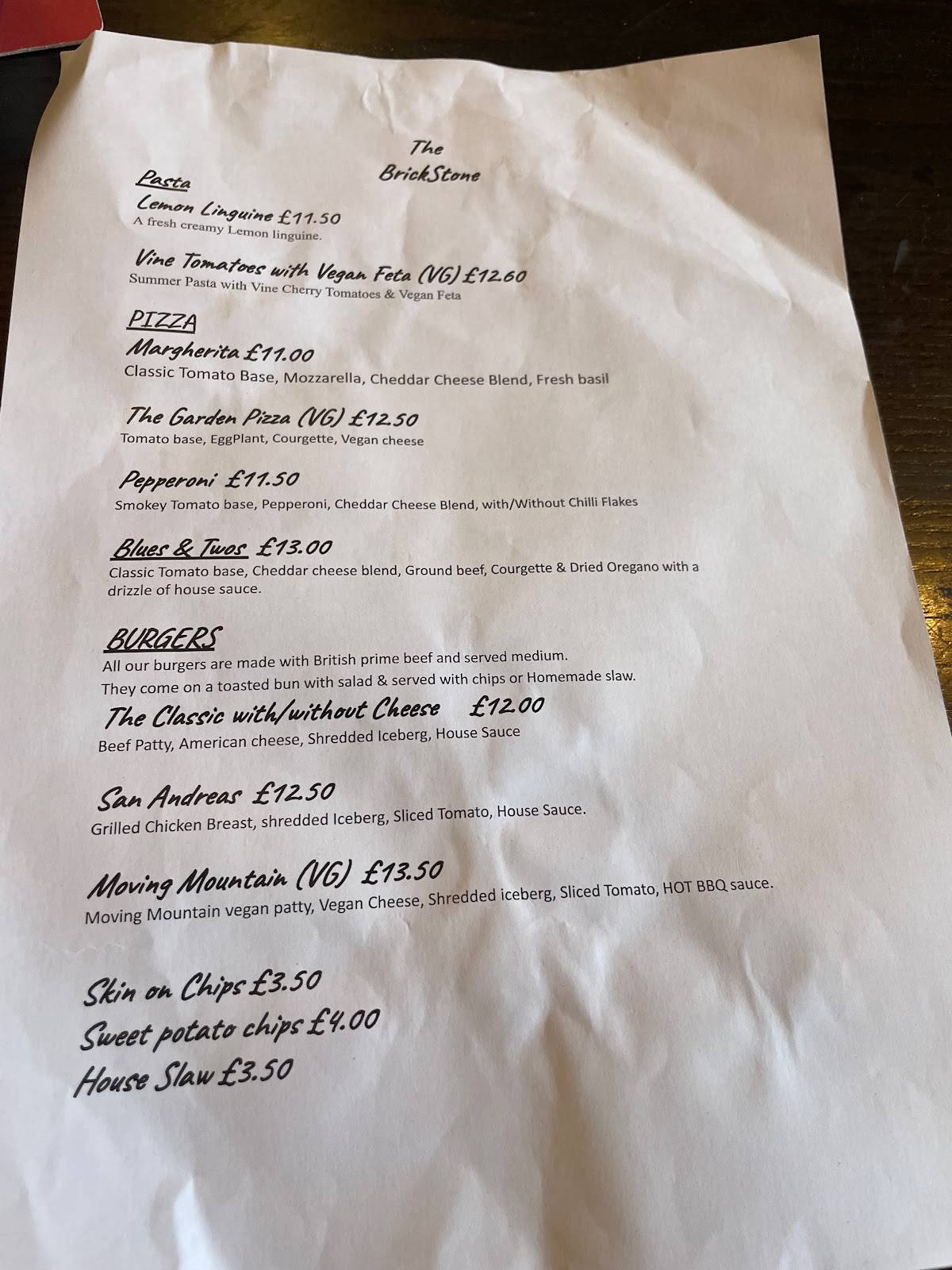 Carta del restaurante The Brickstone, Londres