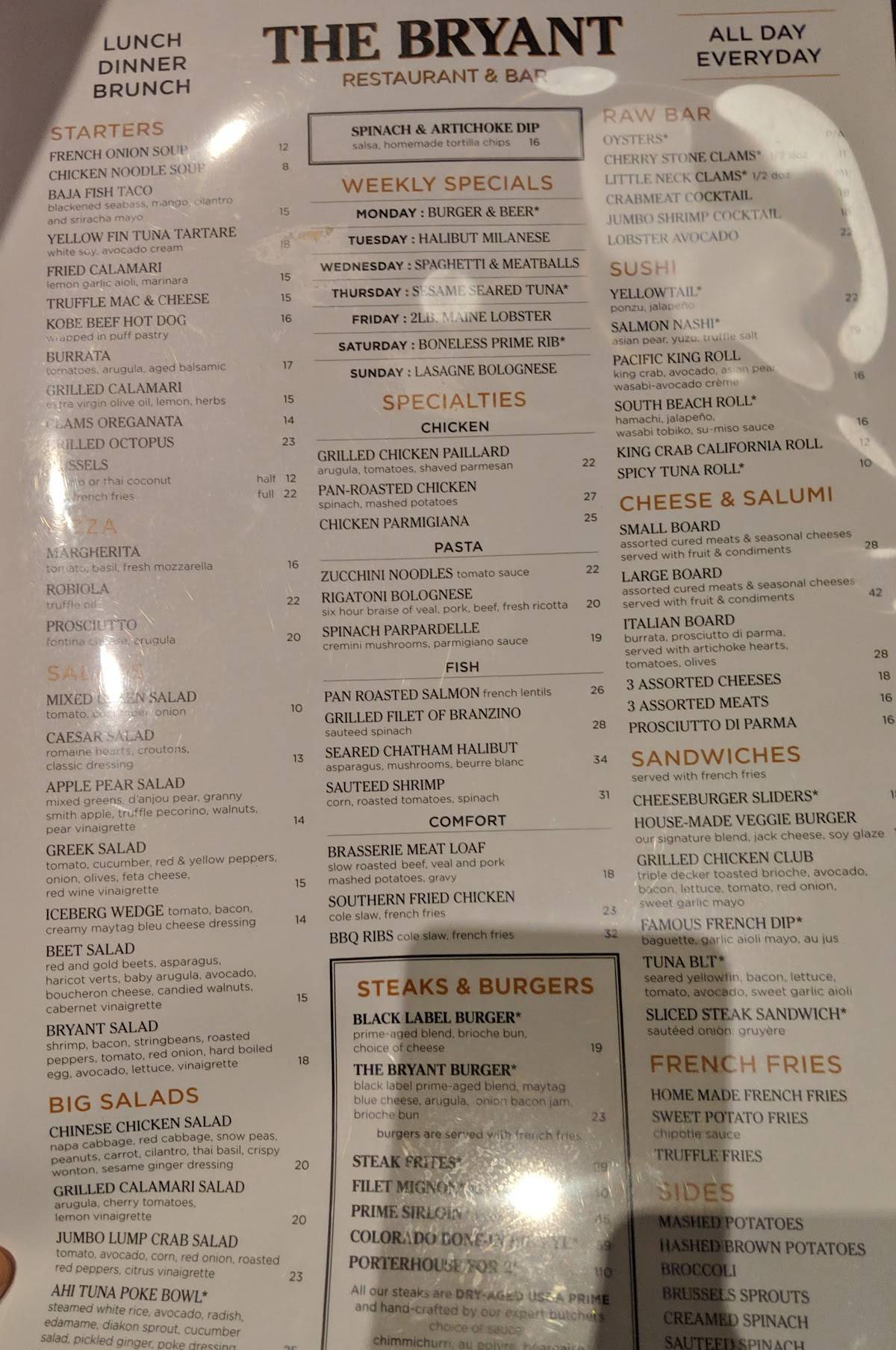 Menu at The Bryant restaurant, Huntington Station
