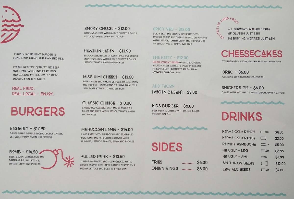 Menu at The Burger Joint restaurant, Christchurch, 78 Brighton Mall
