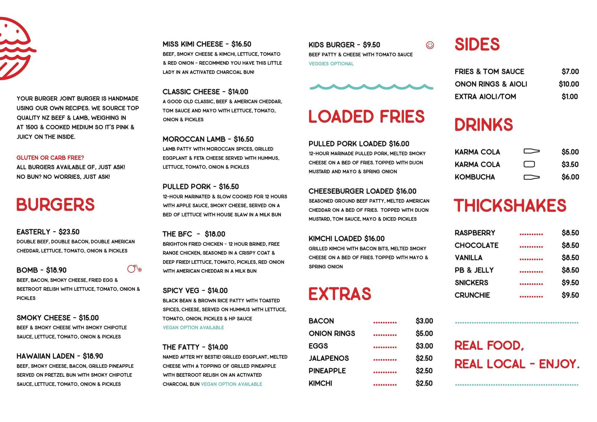 Menu at The Burger Joint restaurant, Christchurch, 78 Brighton Mall