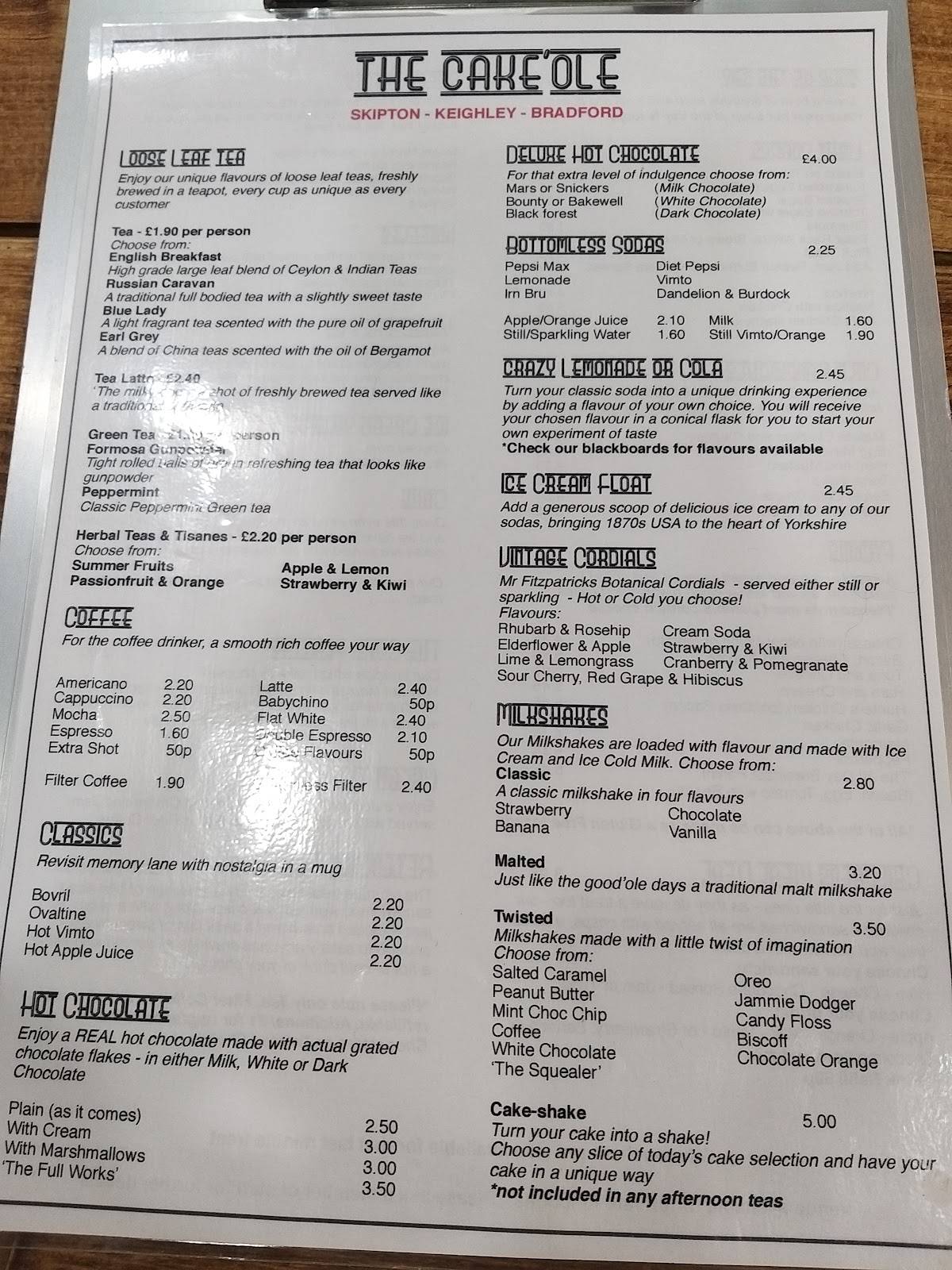 Menu at The Cake'Ole cafe, Skipton