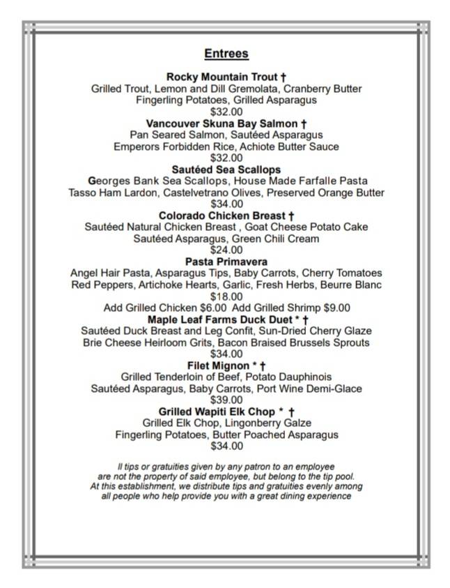 Menu at The Cliff House at Pikes Peak restaurant, Manitou Springs