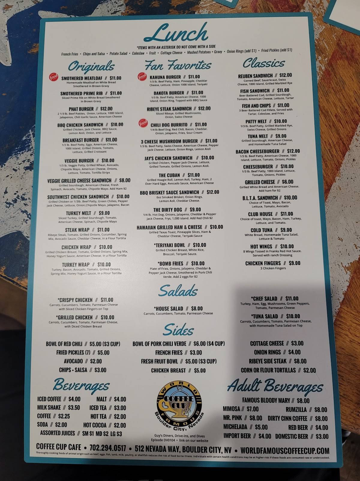 Menu at The Coffee Cup Cafe, Boulder City