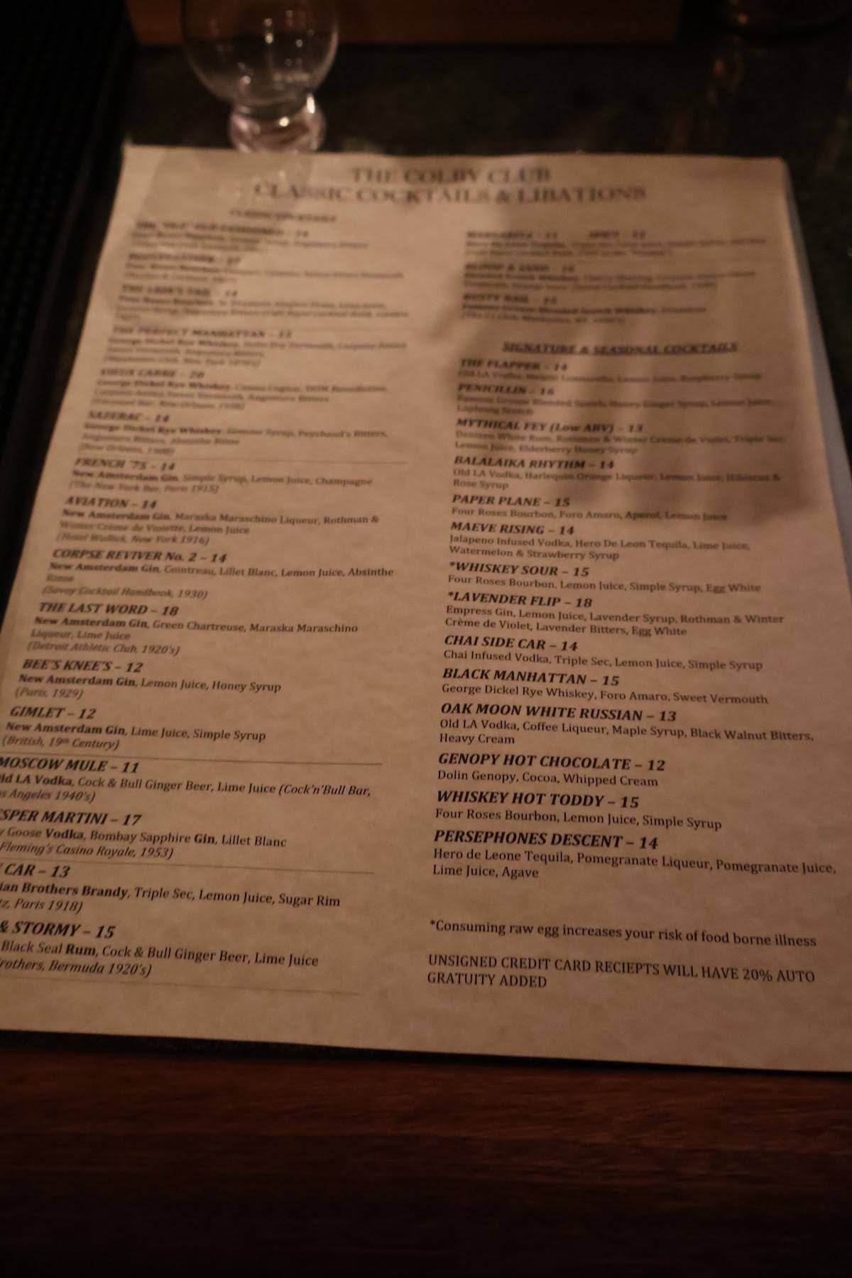 Menu at The Colby Club, Everett