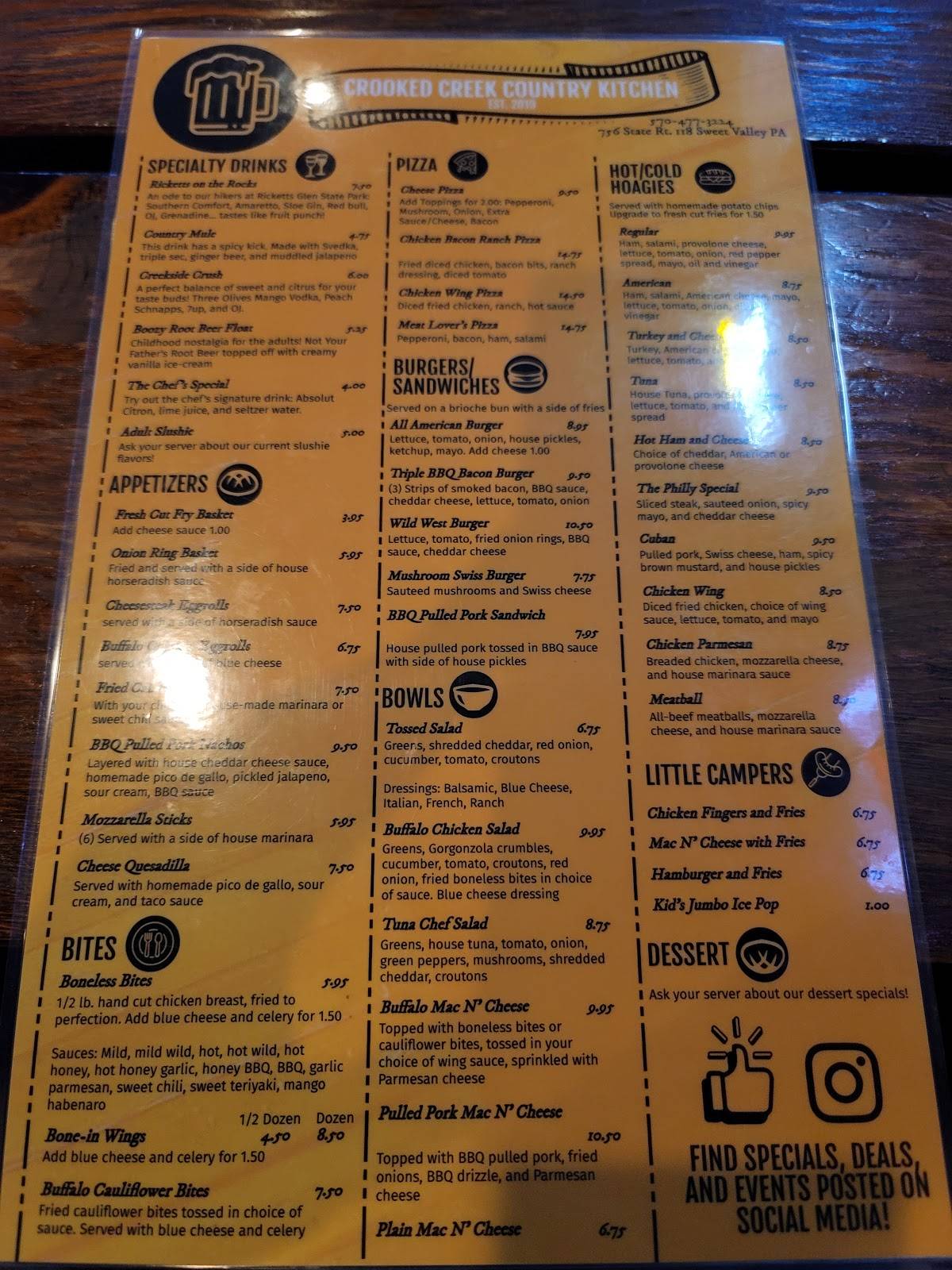 Menu at The Crooked Creek pub & bar, USA