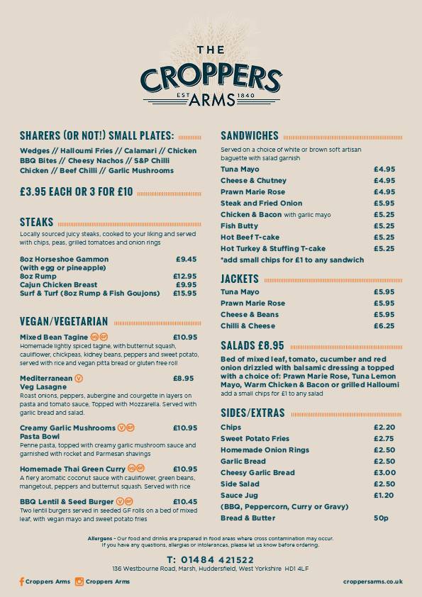 Menu at The Croppers Arms pub & bar, Huddersfield