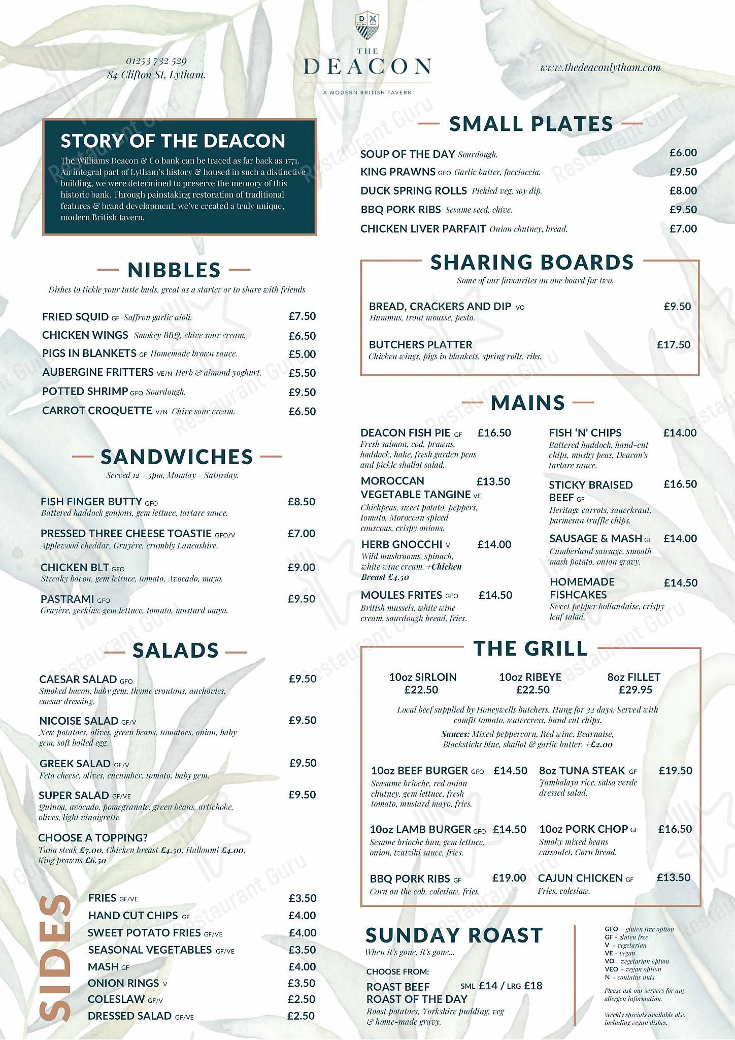 Menu at The Deacon pub & bar, Lytham Saint Annes