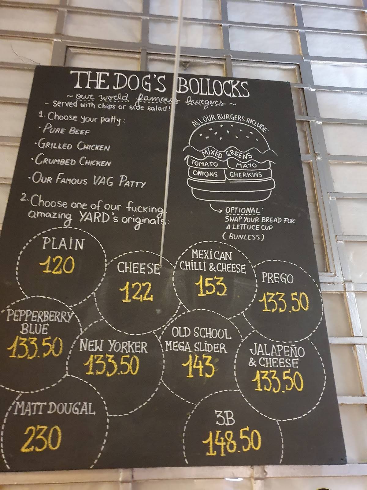 Menu at The Dog's Bollocks at YARD restaurant, Cape Town