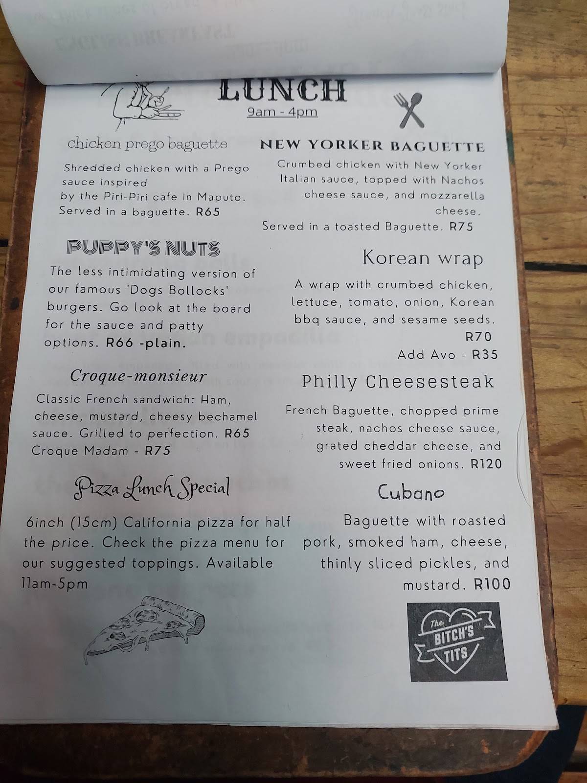 Menu at The Dog's Bollocks at YARD restaurant, Cape Town