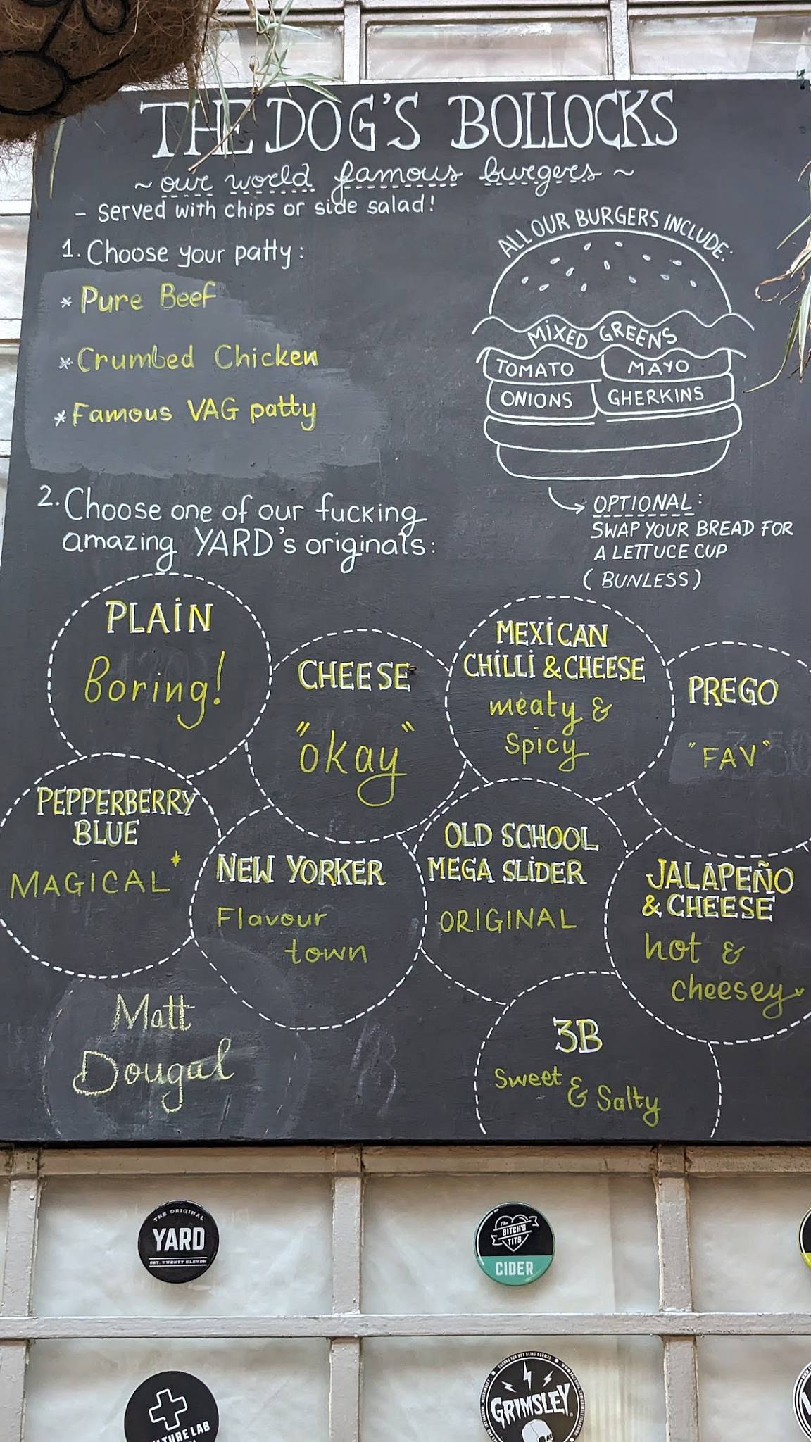 Menu at The Dog's Bollocks at YARD restaurant, Cape Town
