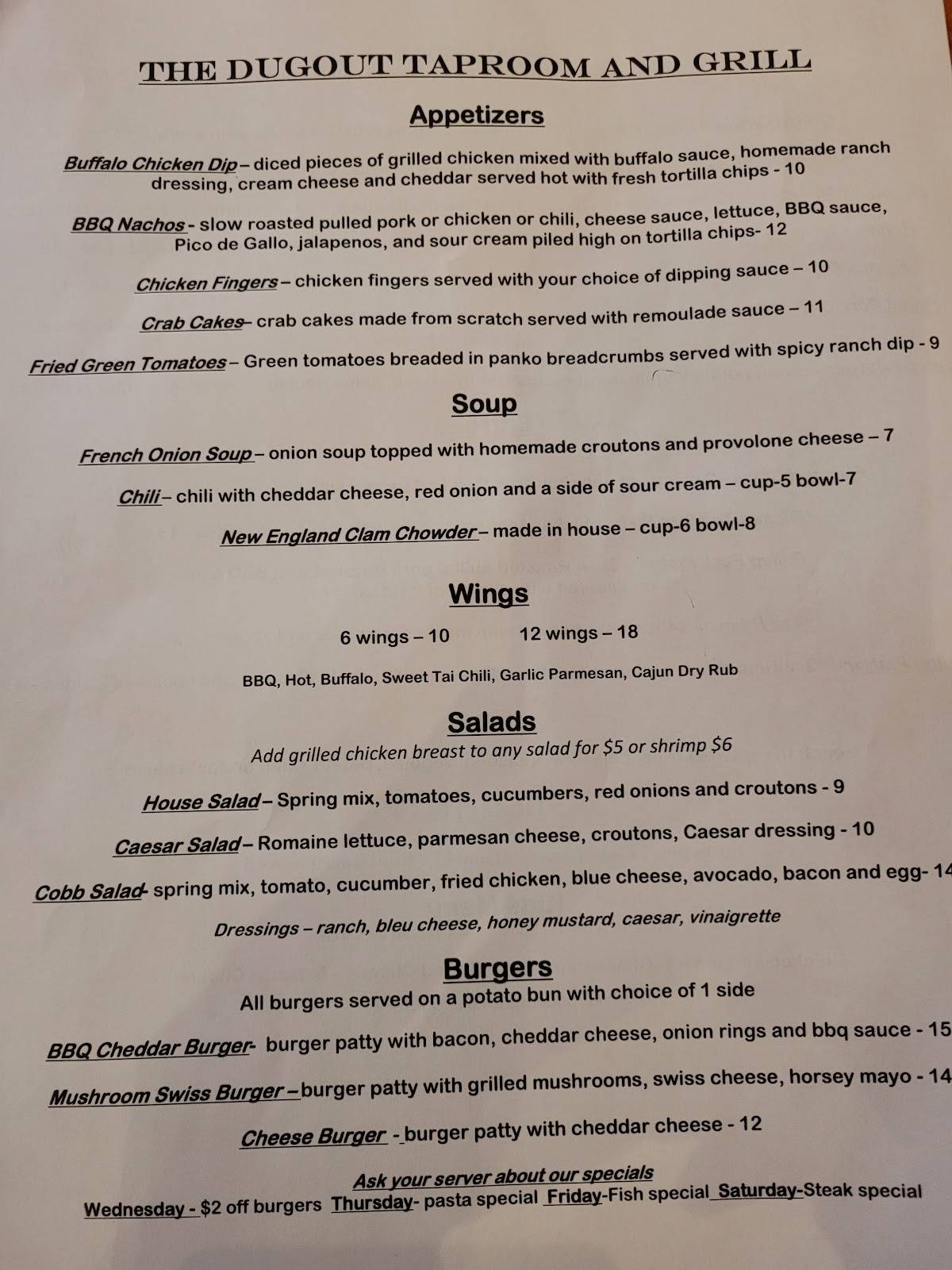 Menu at The Dugout Sports Bar and Taphouse, Hendersonville
