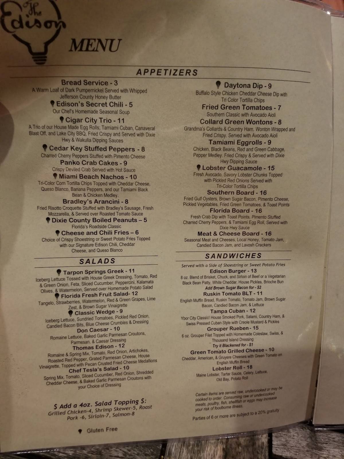 Menu at The Edison - Restaurant Tallahassee, Tallahassee