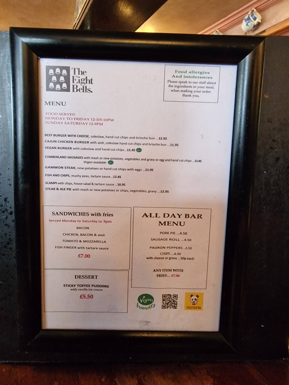 Menu at The Eight Bells pub & bar, London, 89 Fulham High St