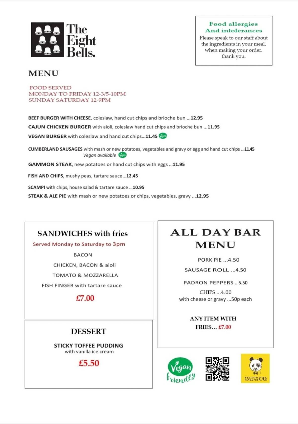 Menu at The Eight Bells pub & bar, London, 89 Fulham High St