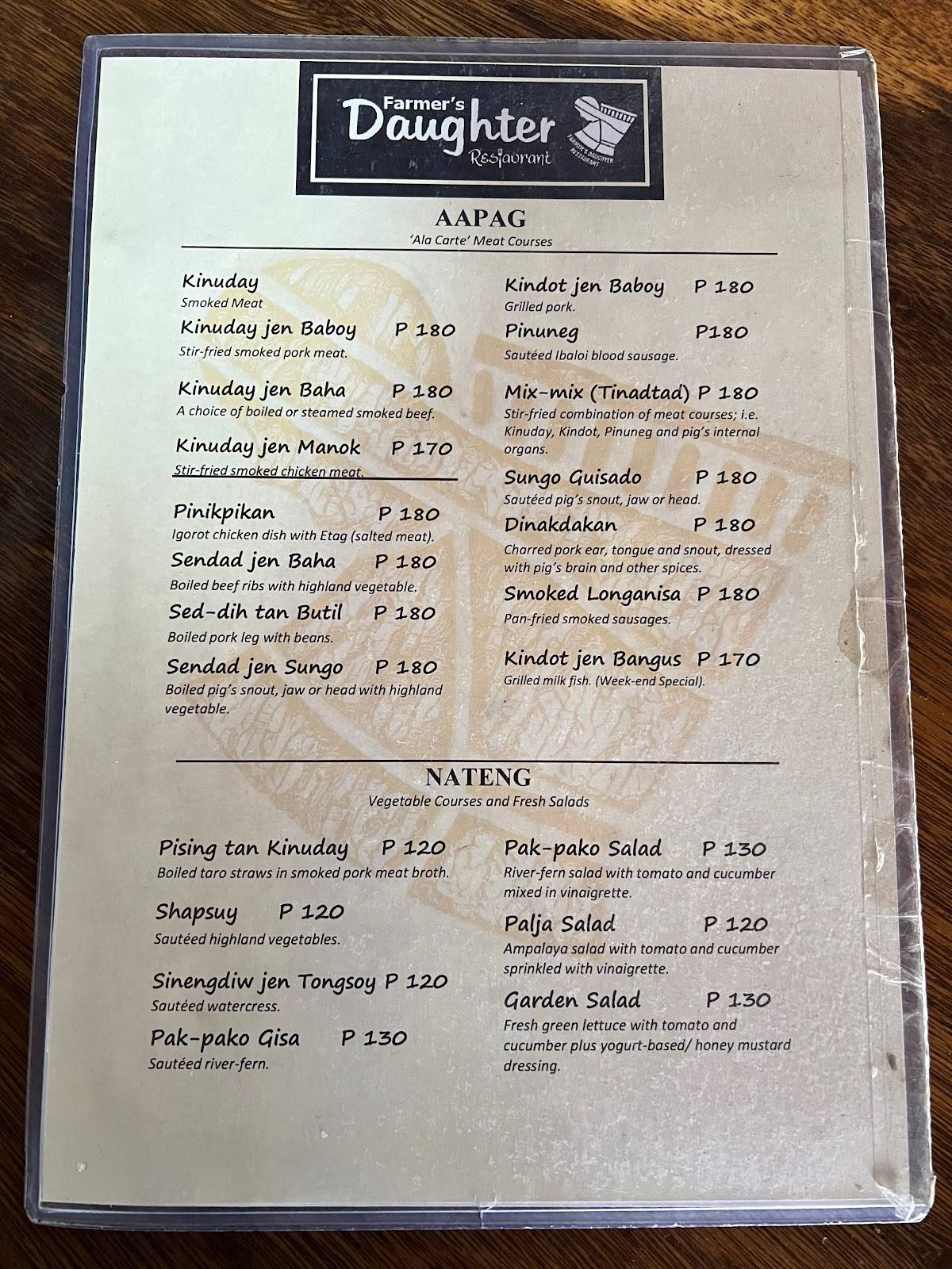 Menu at The Farmer's Daughter Restaurant, Baguio