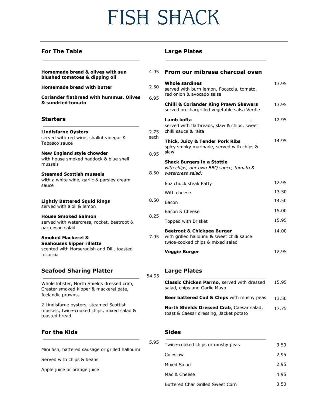 Menu at The Fish Shack restaurant, Warkworth