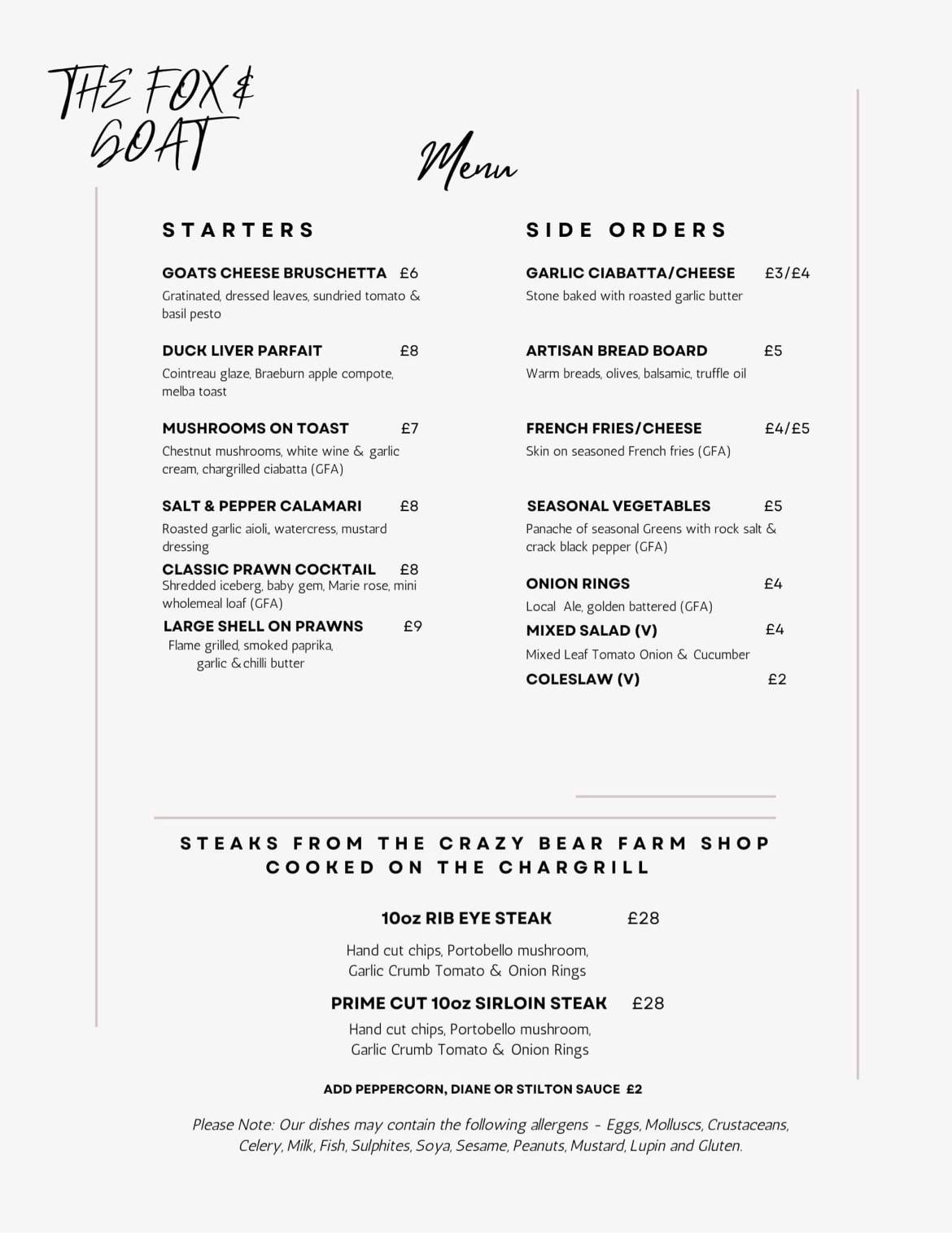 Menu at The Fox & Goat - Tiddington restaurant, Milton Common