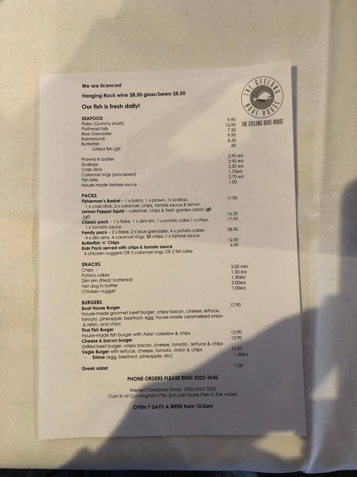 Menu at The Geelong Boat House restaurant, Geelong