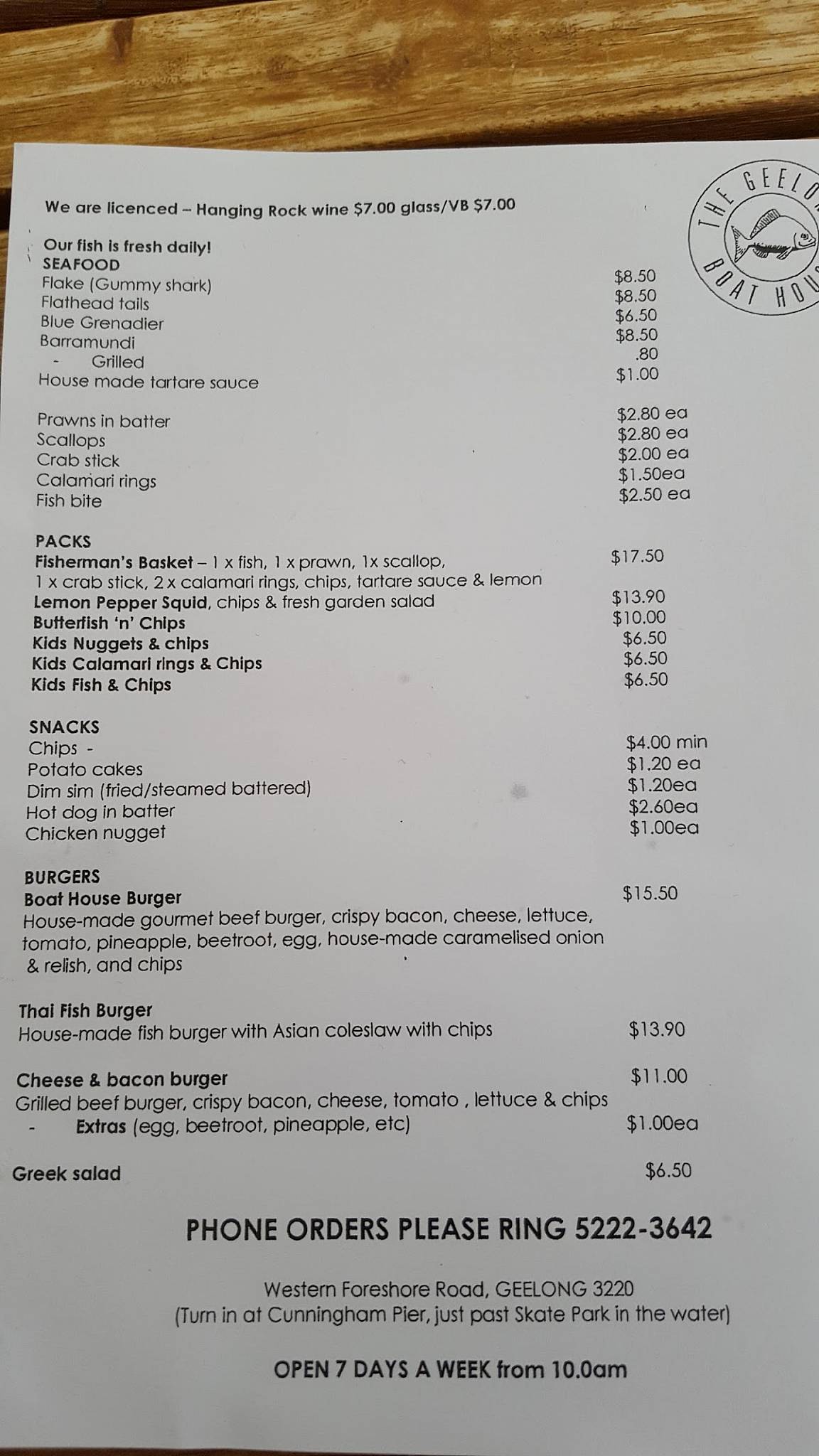 Menu at The Geelong Boat House restaurant, Geelong