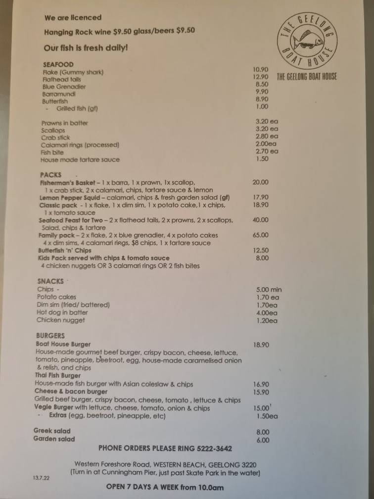 Menu at The Geelong Boat House restaurant, Geelong