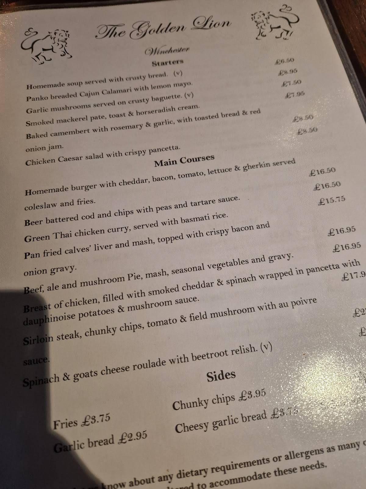 Menu at The Golden Lion pub & bar, Winchester