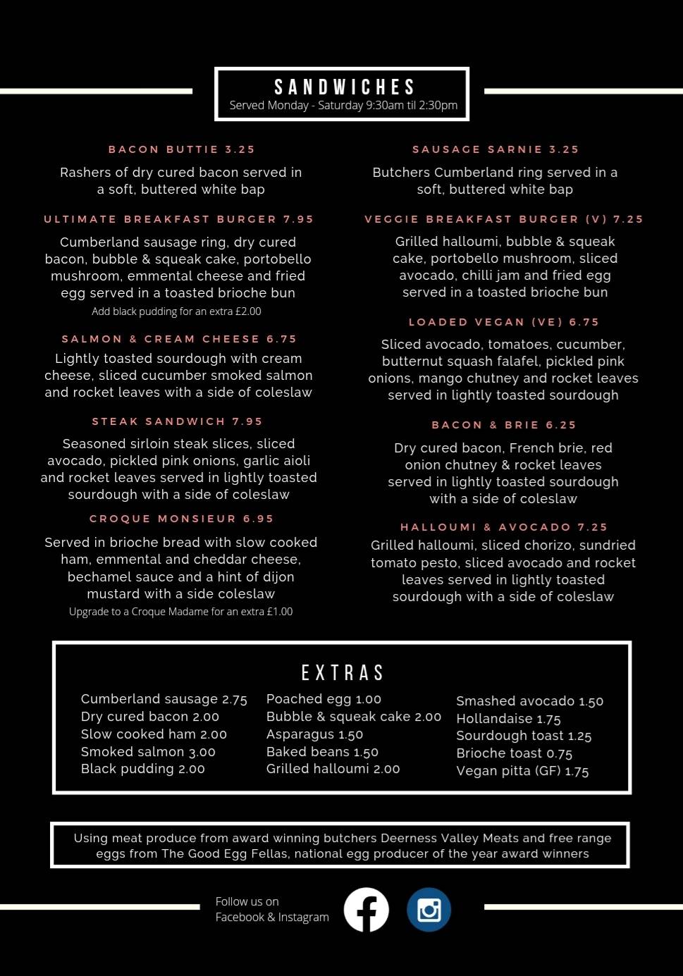 Menu at The Grind cafe, Spennymoor