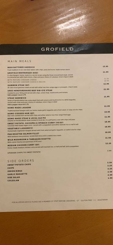 Menu at The Grofield Inn pub & bar, Abergavenny