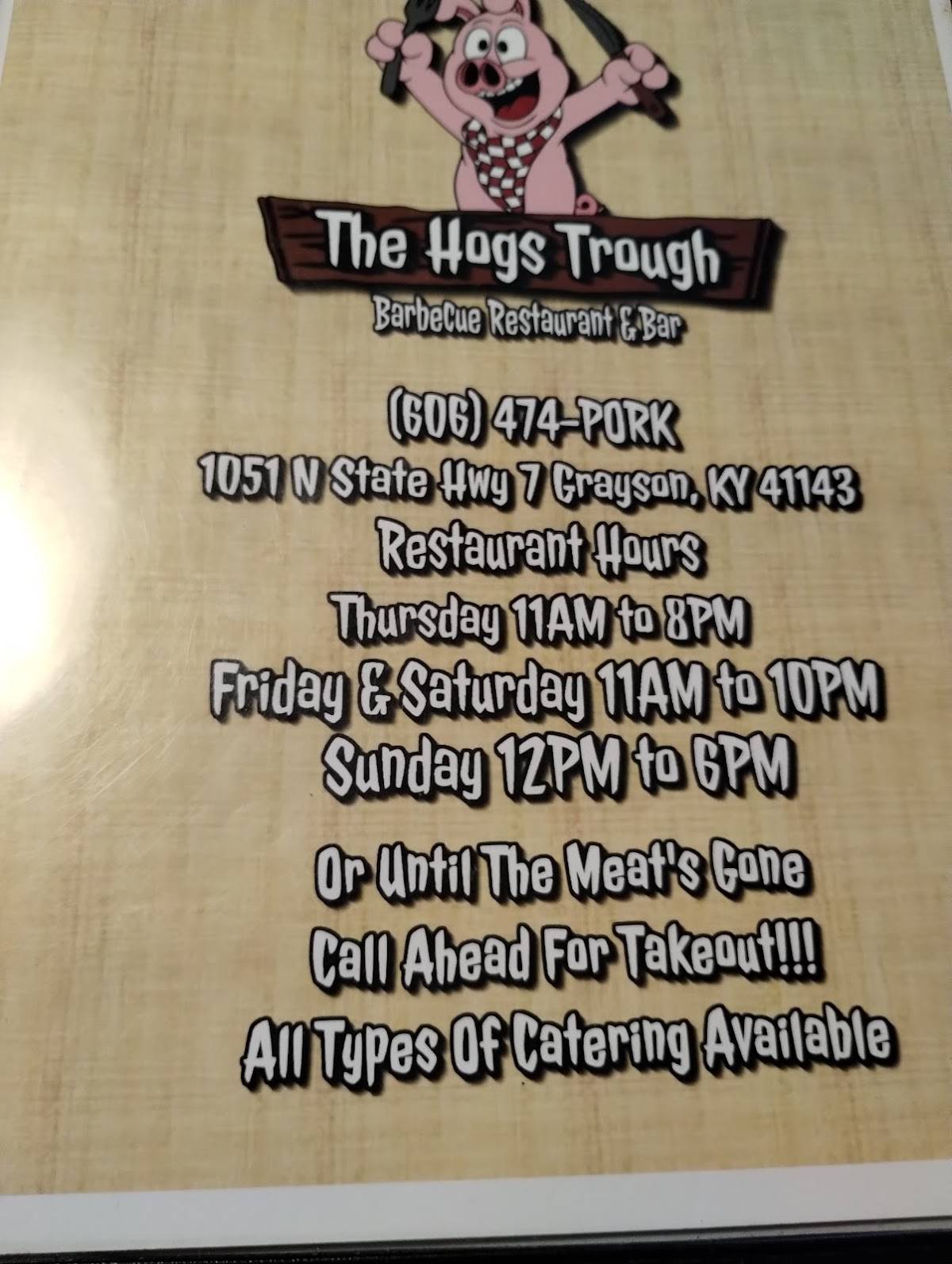 Menu at The Hog’s Trough BBQ, Grayson, KY-7