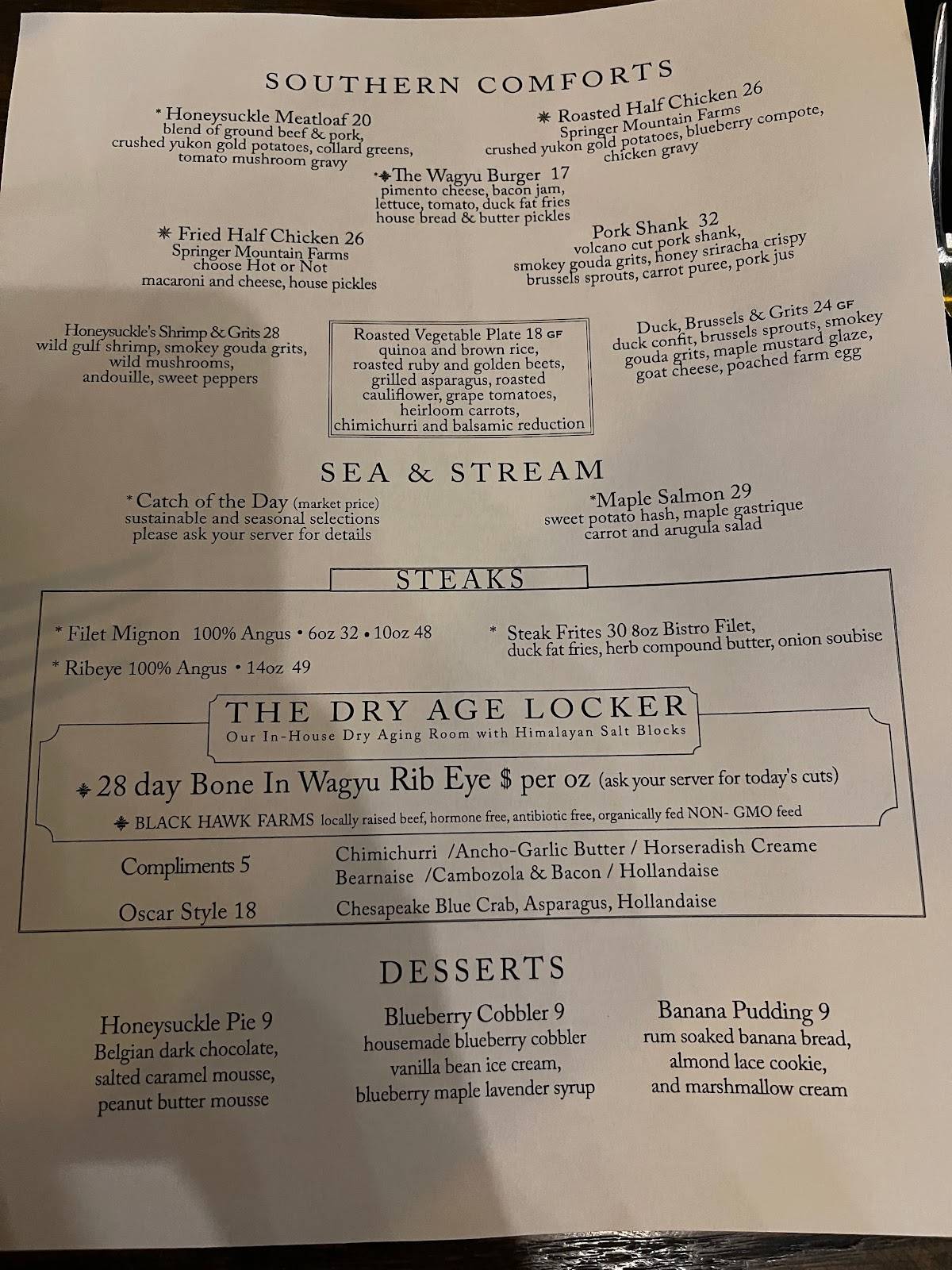 Menu at The Honeysuckle restaurant, Franklin, Galleria Blvd