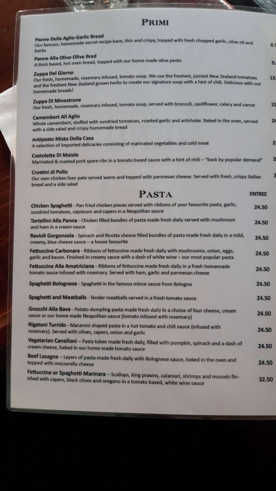 Menu at The Italian Job Restaurant, Auckland
